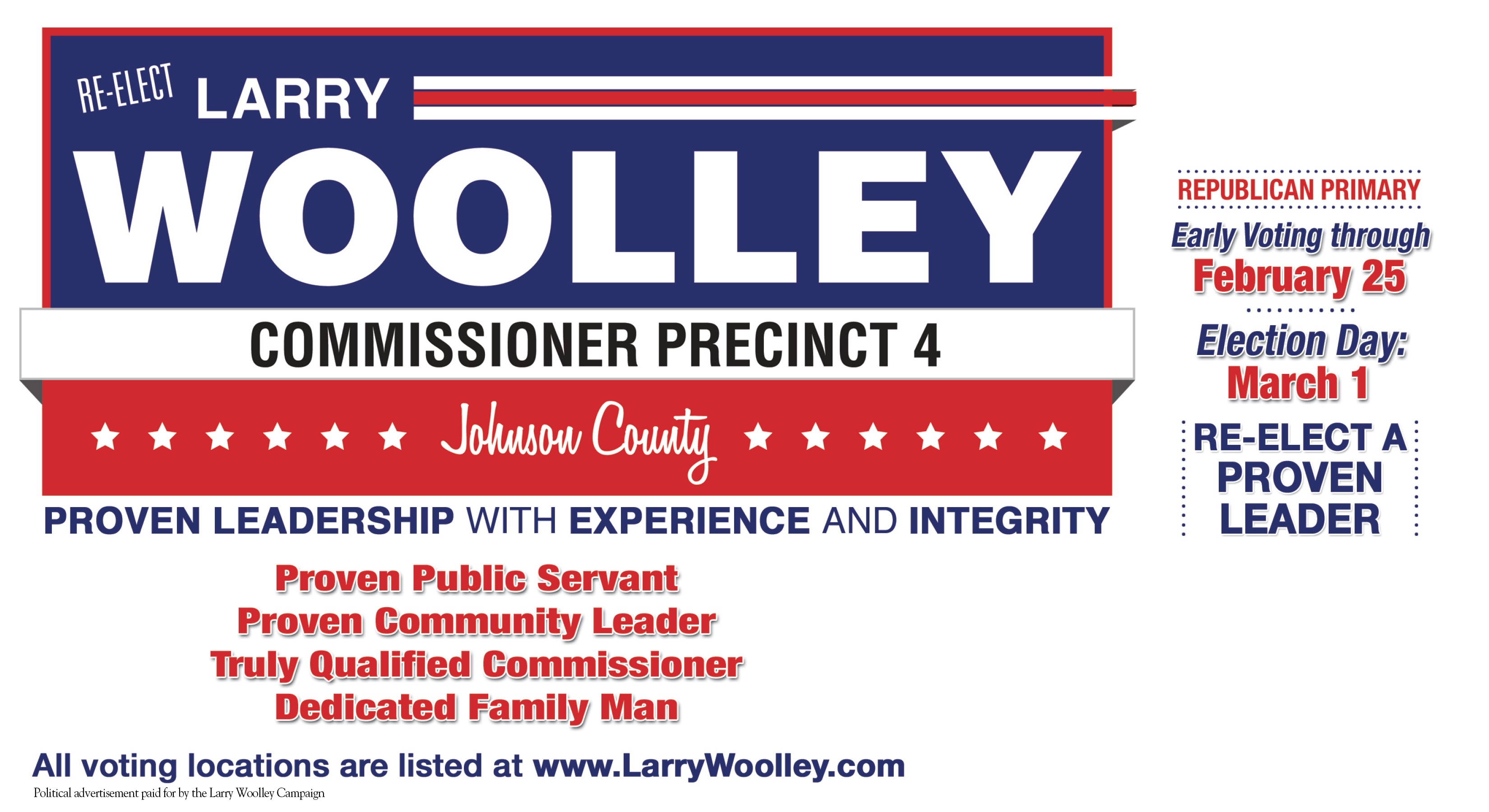 2022 – Re-Elect Larry Woolley | Re-Elect Larry Woolley, Commissioner Pct 4